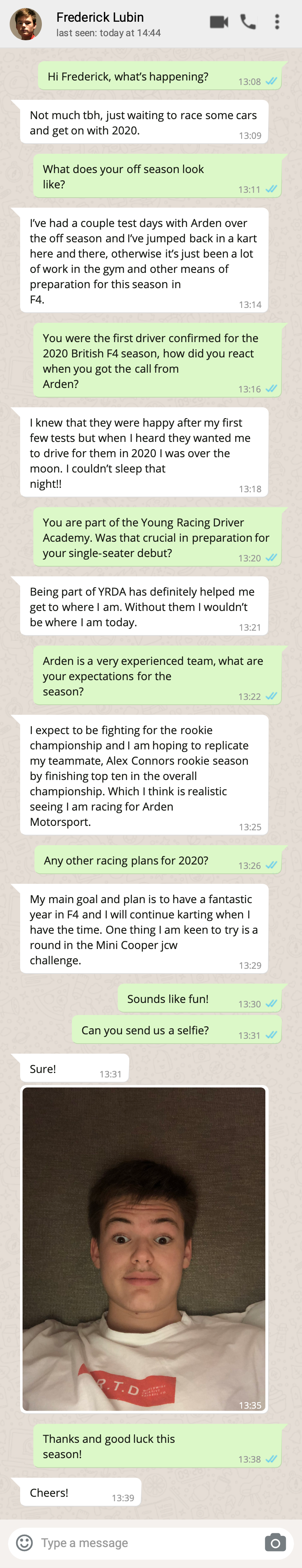 Whatsapping with: Frederick Lubin (British F4) – Feeder Series